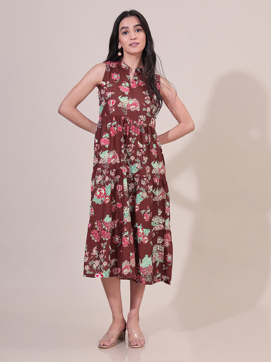 Buy Saaki Floral Printed Mandarin Collar Sleeveless Fit And Flare Dress ...