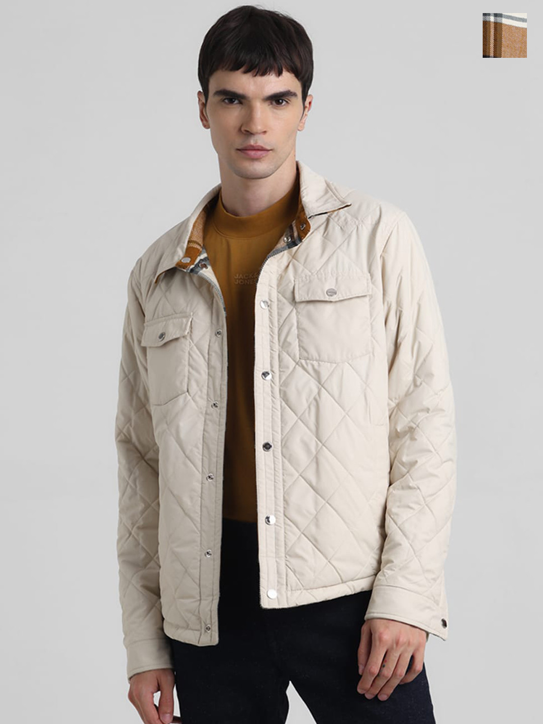 Buy Jack & Jones Men Beige Checked Woollen Reversible Quilted Jacket ...