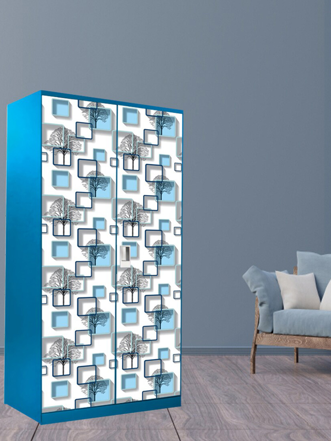 Buy WallDaddy White & Blue Printed Almirah Wardrobe Sticker - Decals ...