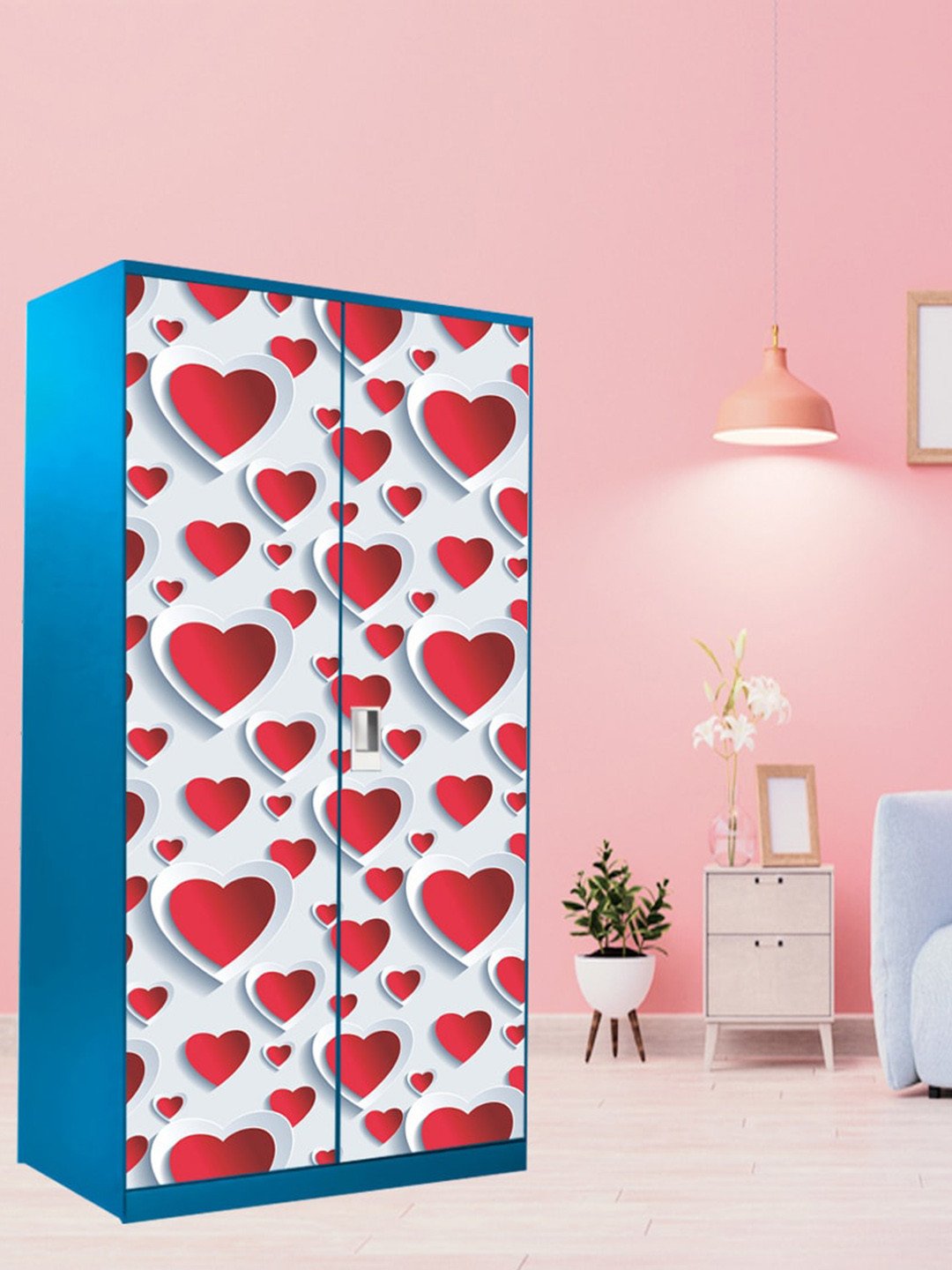 Buy WallDaddy Almirah Cover Red & White Heart Printed Wardrobe Stickers ...