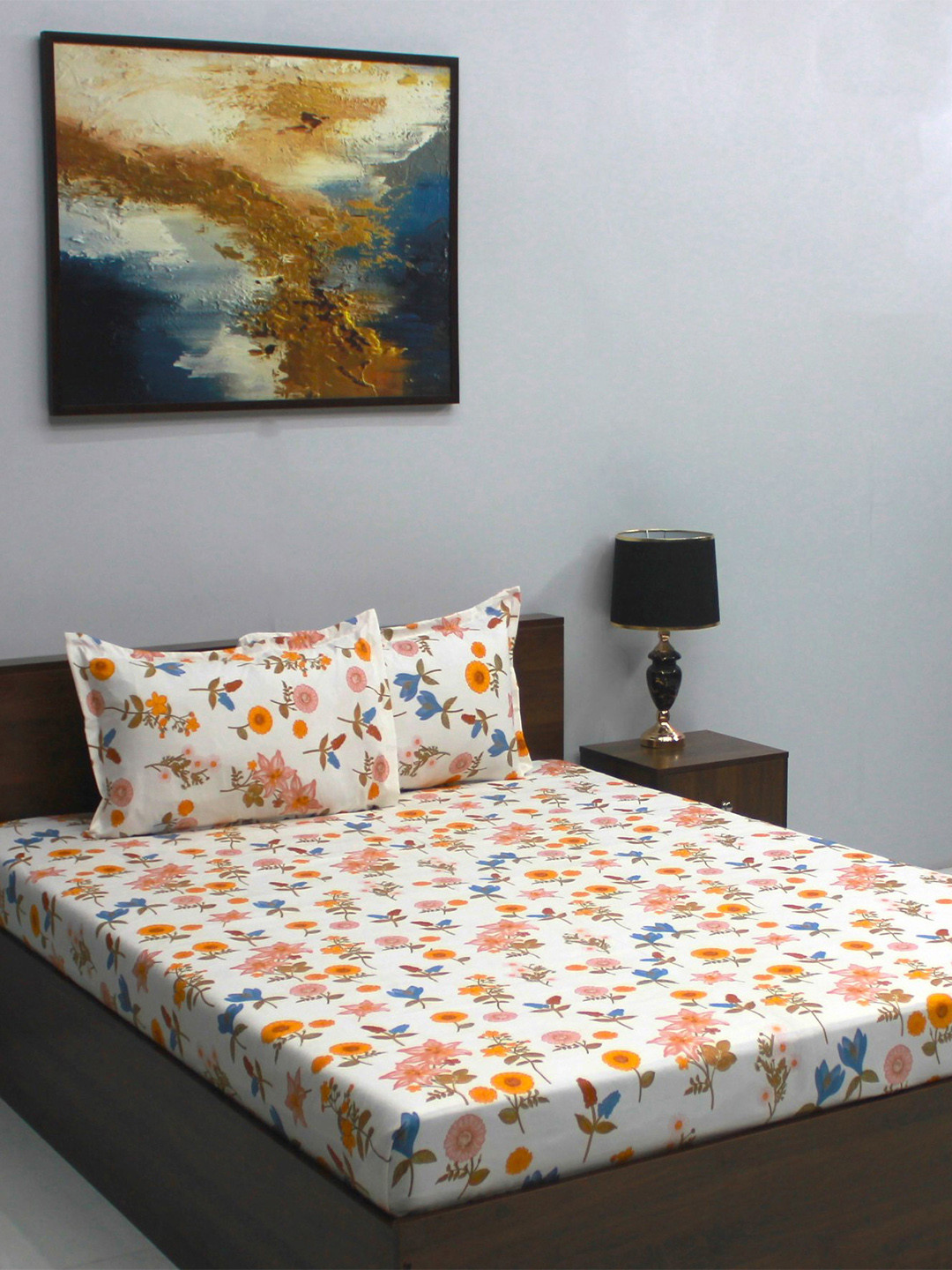 Buy BOMBAY DYEING Mimosa Yellow Floral 160 TC Queen Bedsheet With 2 ...