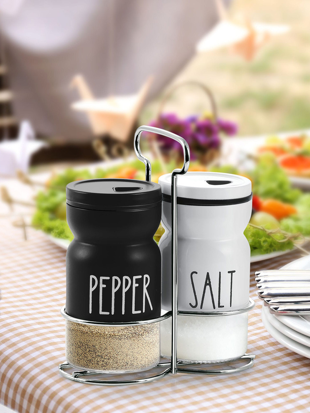 Buy Treo Zesty 2 Pieces White & Black Salt & Pepper Jar With Stand ...