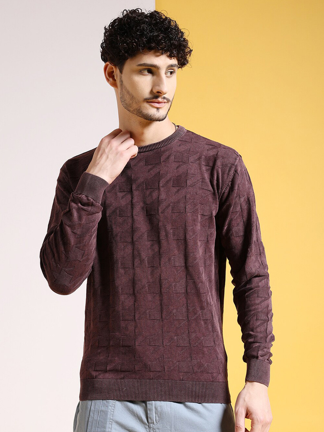 Buy The Indian Garage Co Brown Geometric Self Design Acrylic Pullover ...
