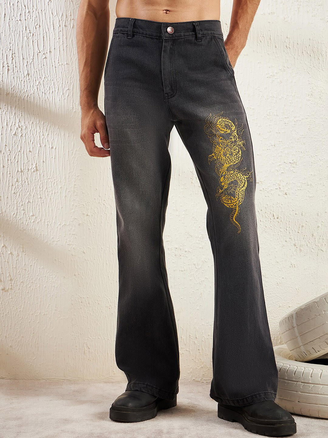 Buy FUGAZEE Men Dragon Mid Rise Flared Embroidered Jeans - Jeans for ...