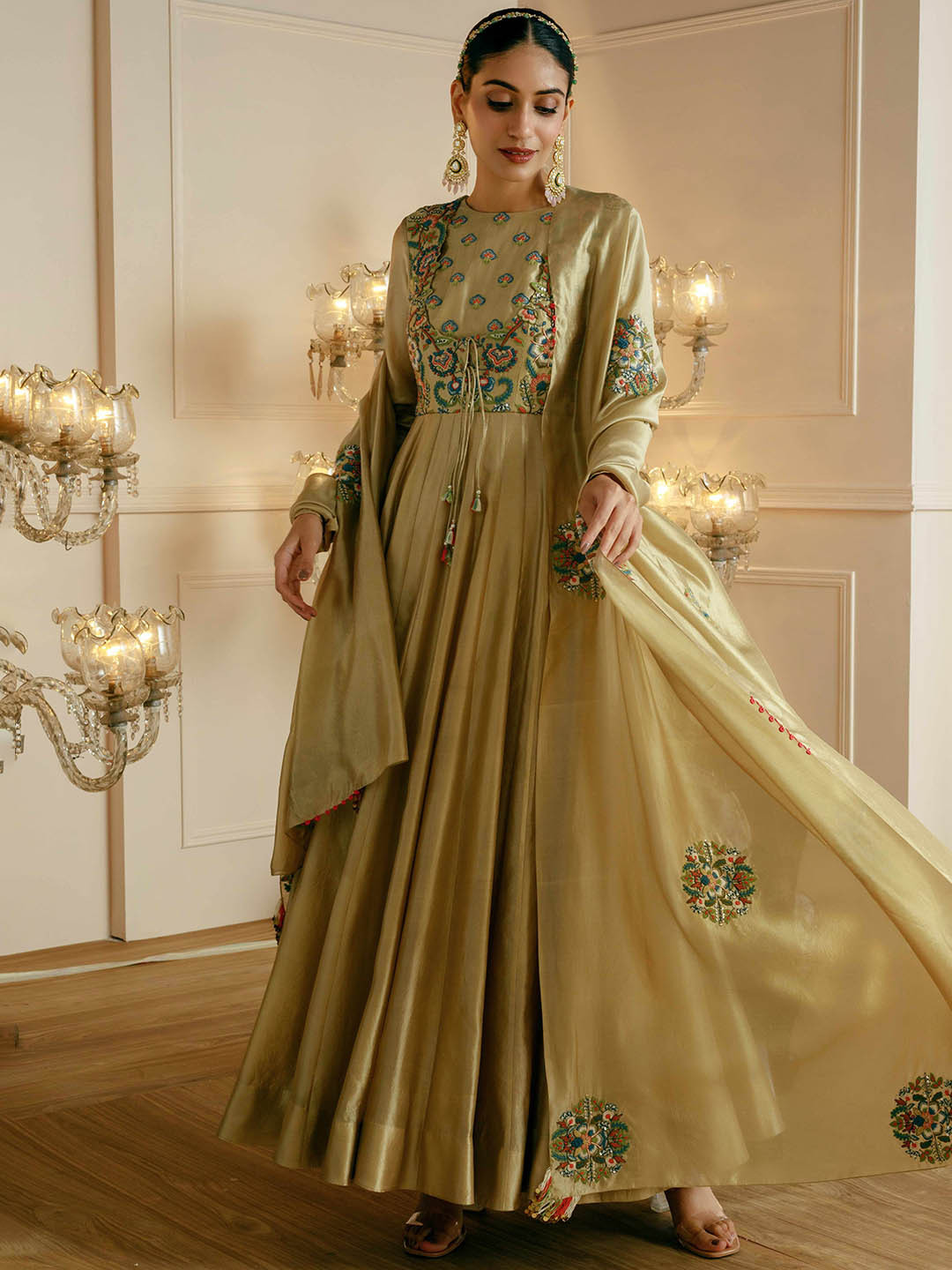 Buy NEHHA NHATA Floral Embroidered Round Neck Silk Fit & Flare Ethnic ...