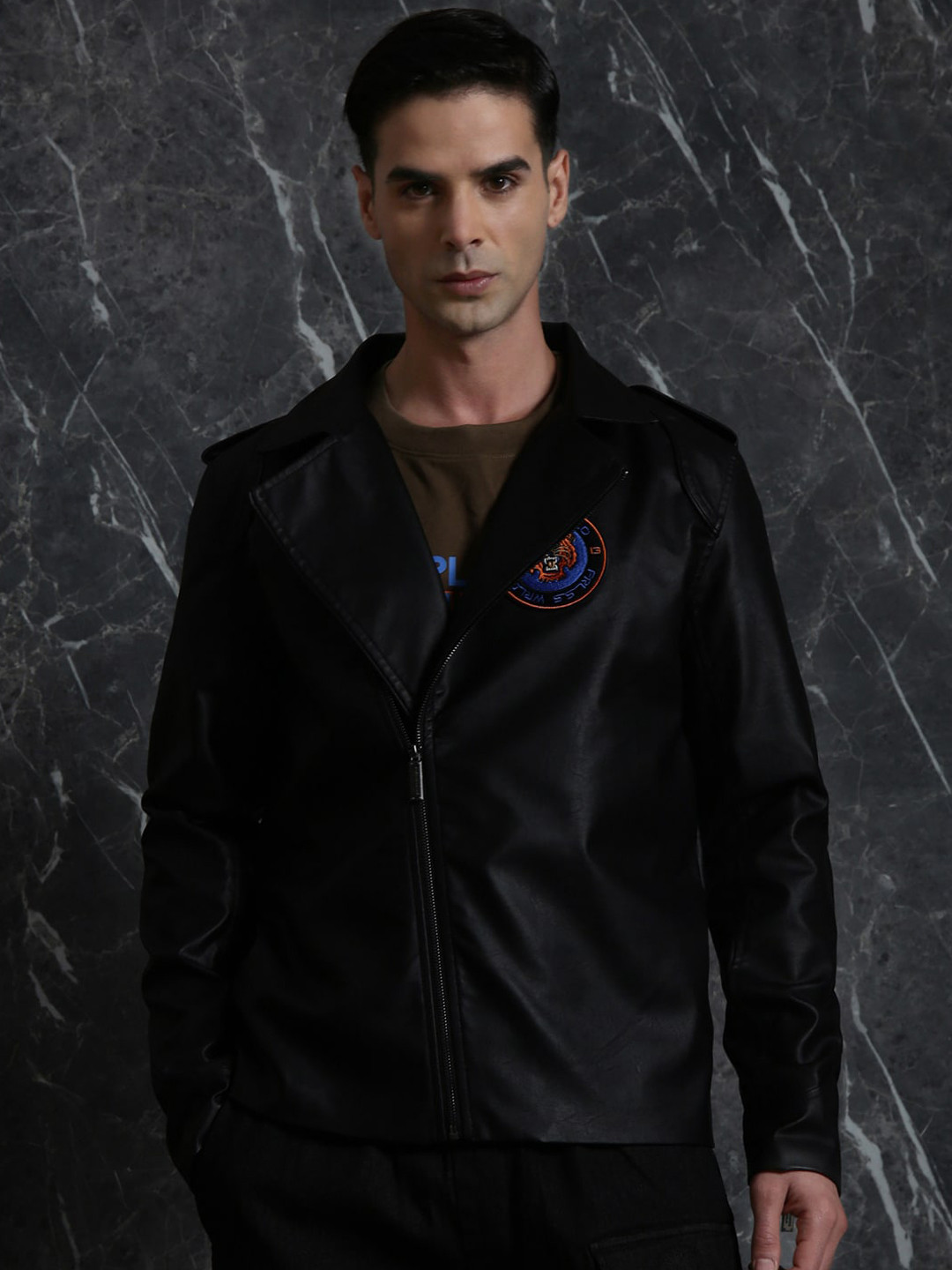 Buy Breakbounce Black Spread Collar Relaxed Fit Biker Jacket - Jackets ...