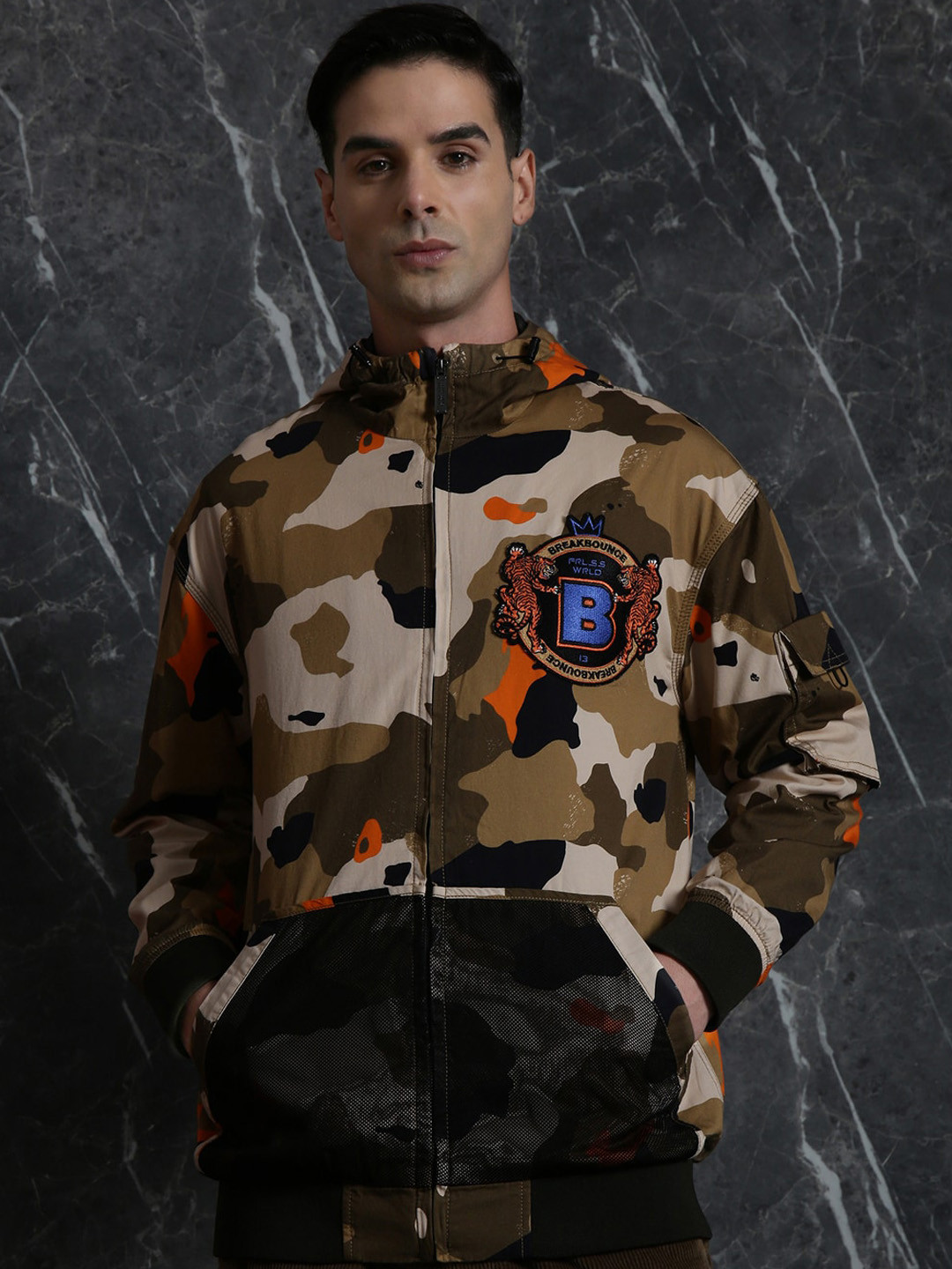 Buy Breakbounce Olive Green Camouflage Printed Mock Collar Oversized ...