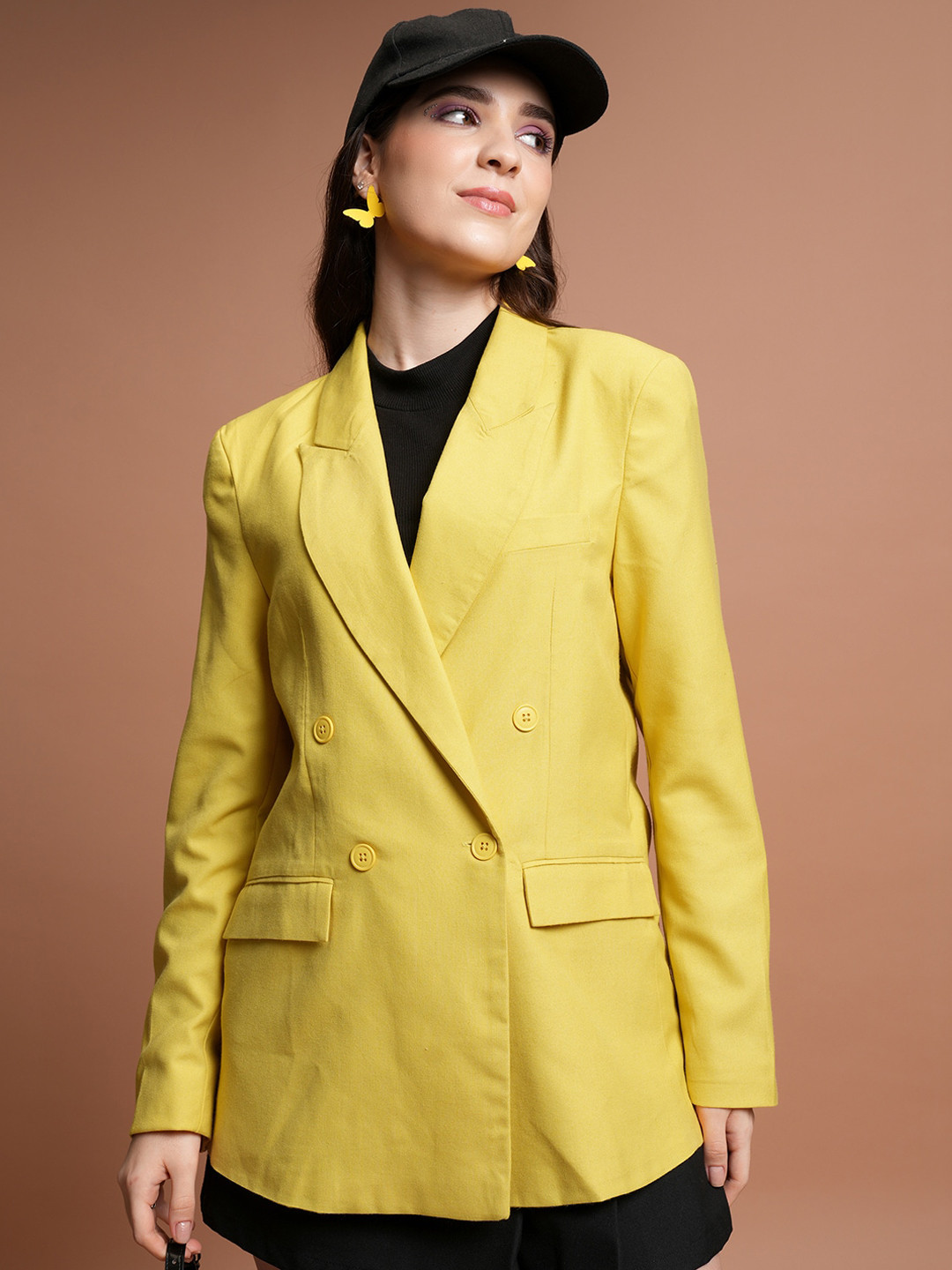 Buy CHIC BY TOKYO TALKIES Yellow Notched Lapel Long Sleeve Oversize Double Breasted Blazer ...