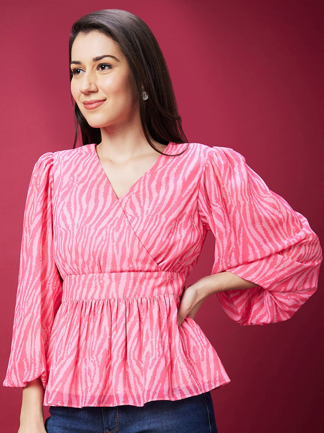 Buy Globus Abstract Printed V Neck Puff Sleeves Empire Top - Tops for ...