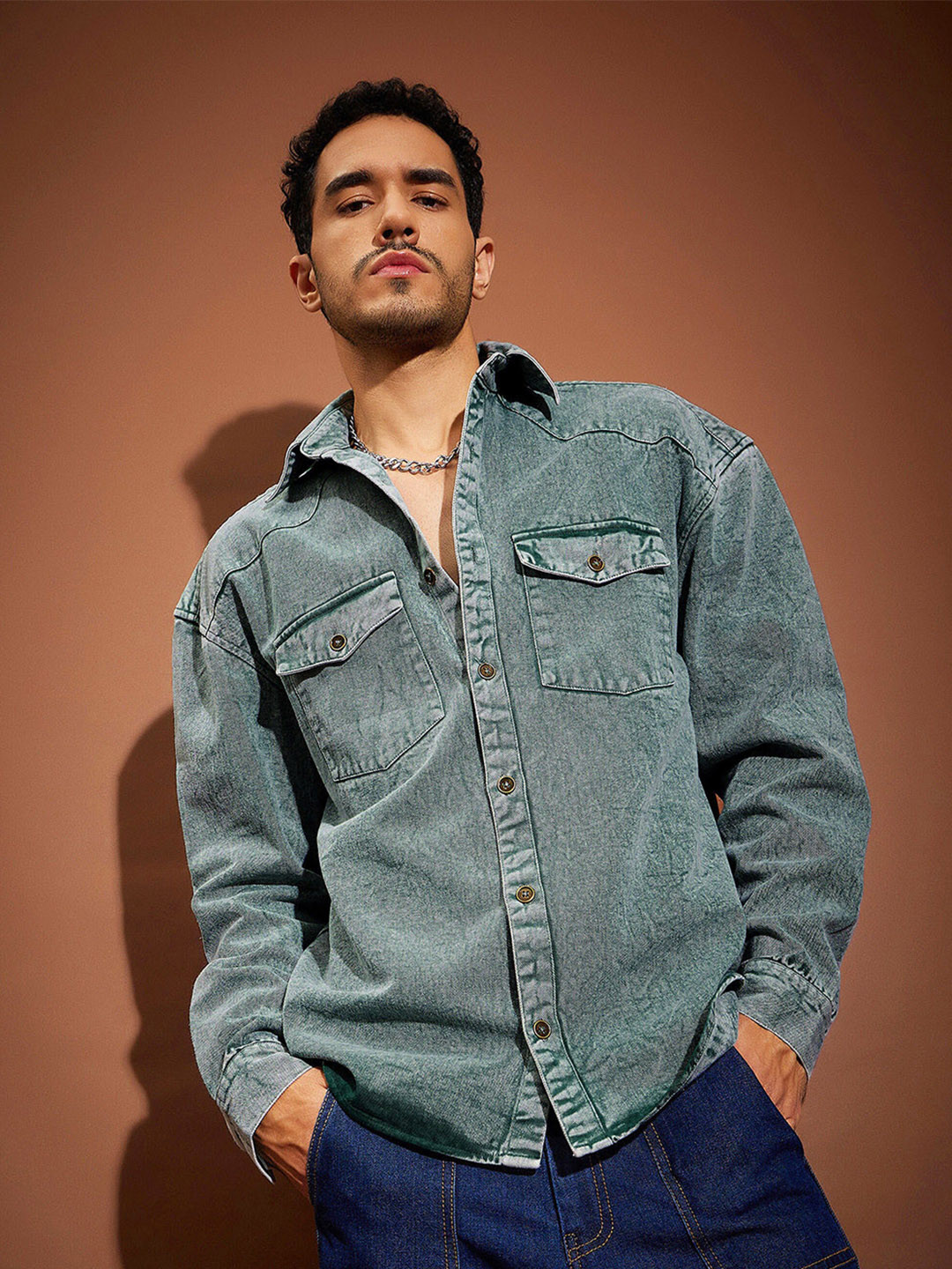 Buy MASCLN SASSAFRAS Green Relaxed Oversized Denim Casual Shacket ...