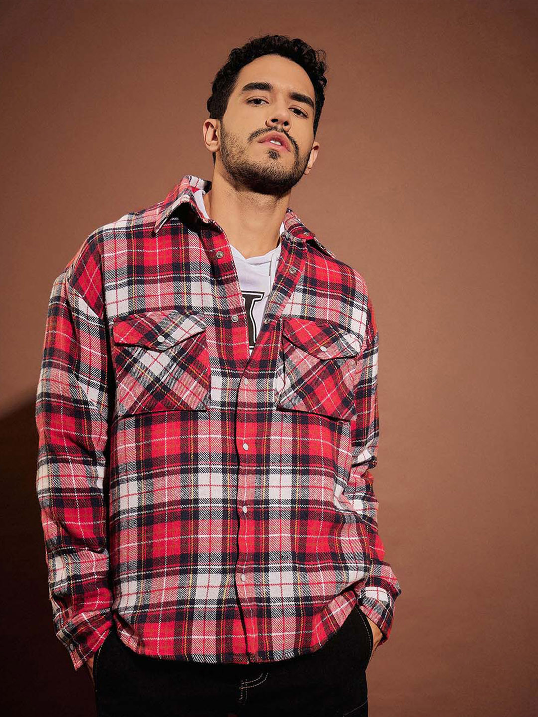 Buy MASCLN SASSAFRAS Red Relaxed Oversized Tartan Checked Pure Cotton ...