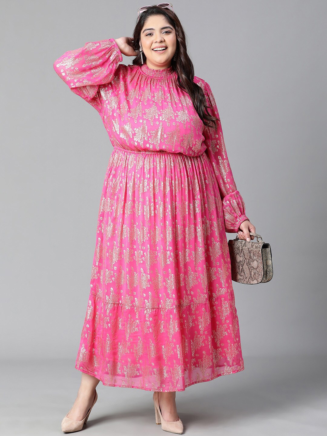 Buy Oxolloxo Plus Size Floral Printed Puff Sleeves Fit And Flare Maxi