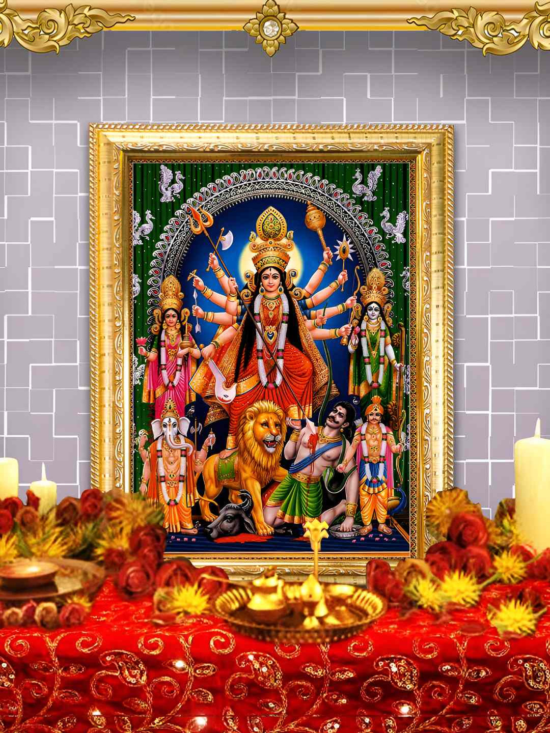 Buy Hawai Gold Toned Maa Durga Digital Printed Rectangle Wall Photo ...