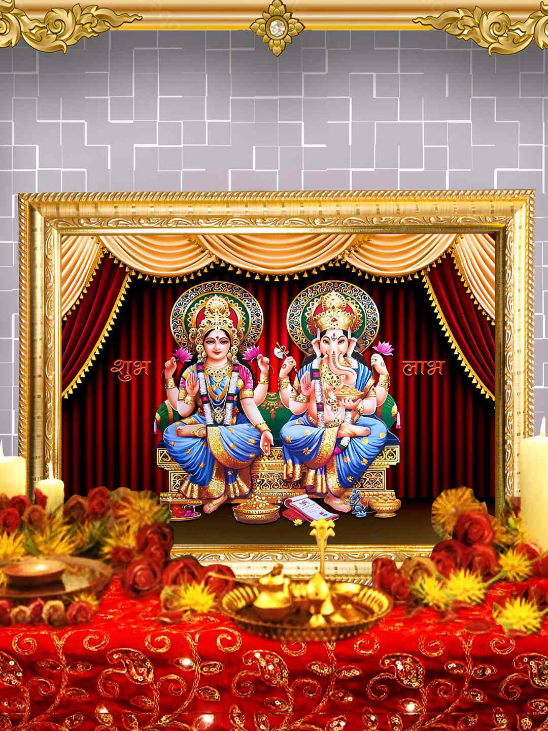 Buy Hawai Gold Toned & Red Lakshmi Ganesh Ji Wood Wall Photo Frames ...