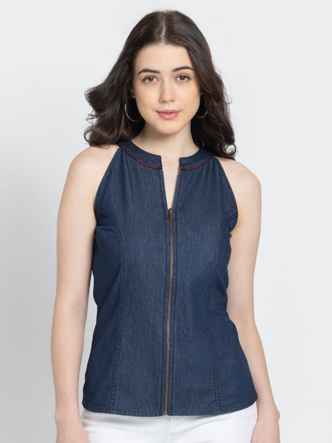 Buy SHAYE Premium Cotton Washed Denim Front Zip Halter Neck Top - Tops ...