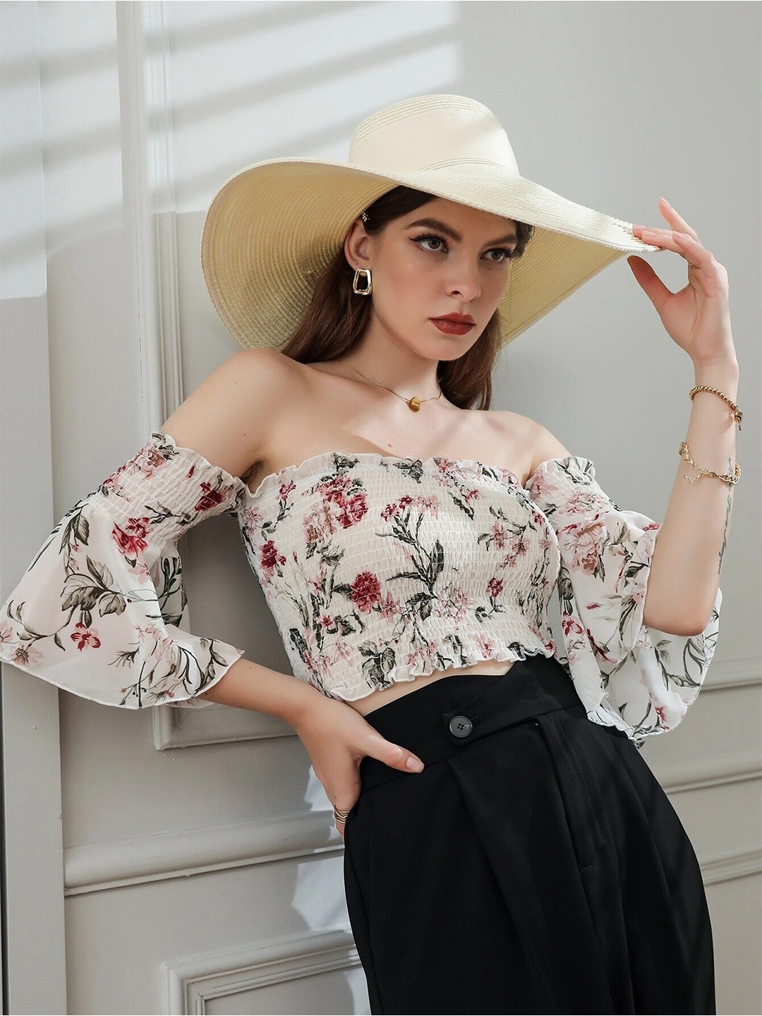 Buy Stylecast X Slyck Floral Printed Off Shoulder Smocked Bardot Crop