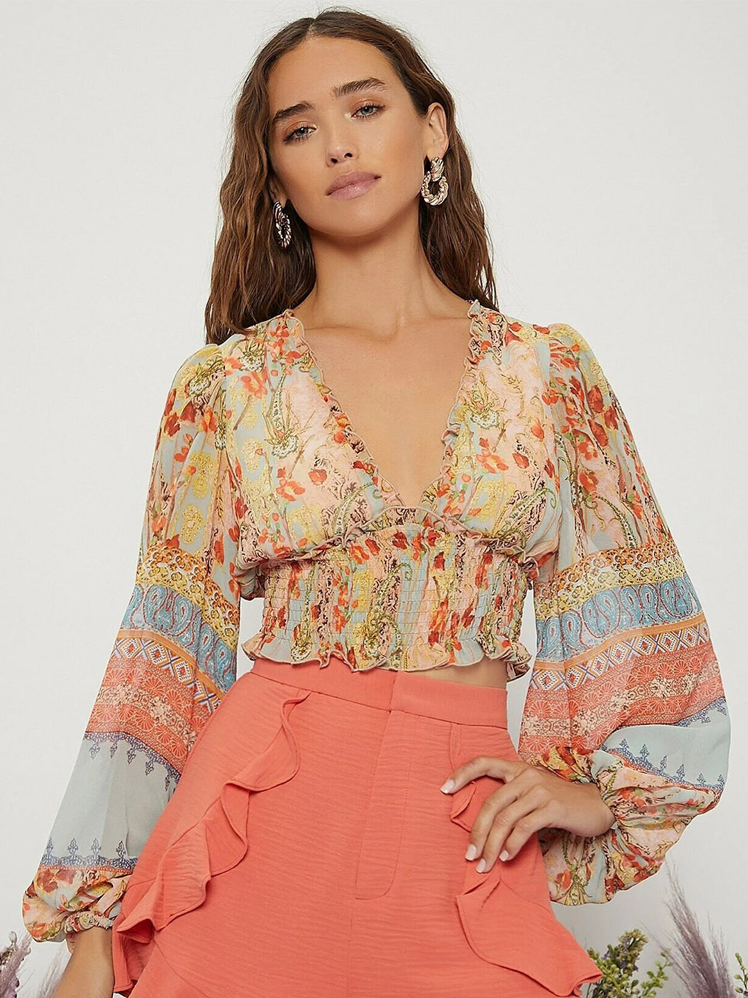 Buy Stylecast X Slyck Floral V Neck Bishop Sleeve Crop Top - Tops for ...