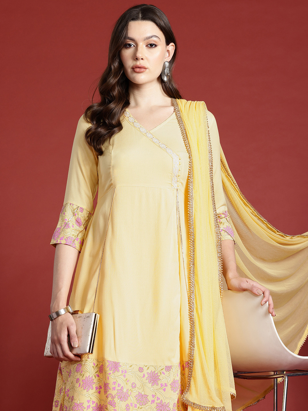 Buy Anouk Floral Print Angrakha Thread Work Kurta With Trousers ...