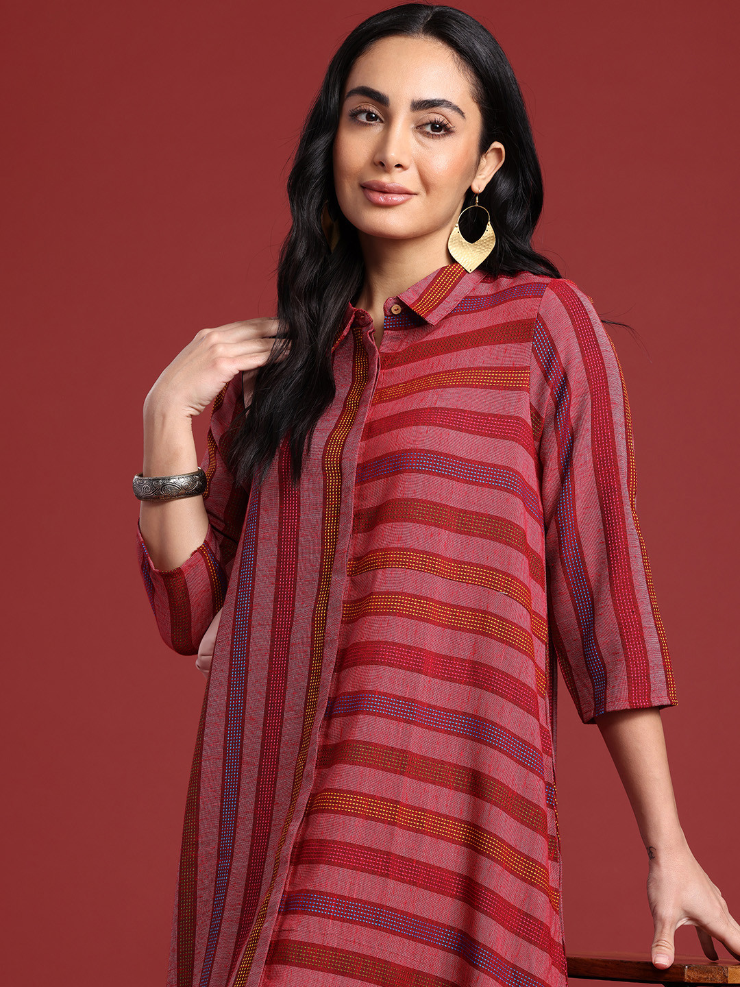 Buy Anouk Woven Design Striped Shirt Style Ethnic Dress - Ethnic ...