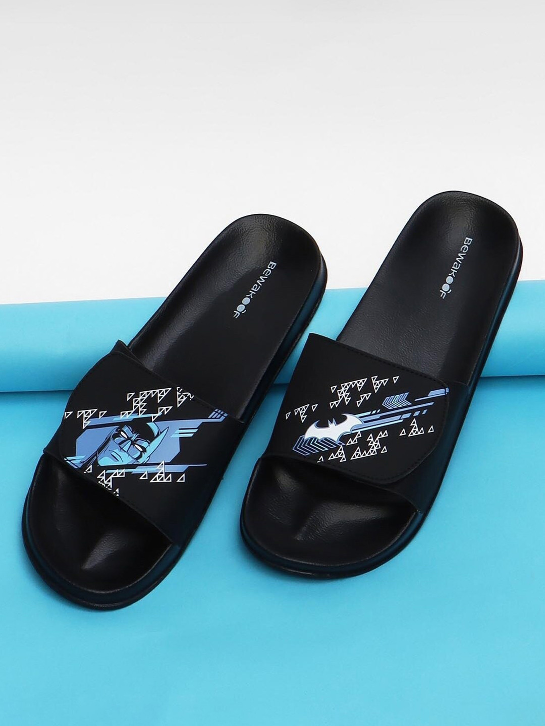 Buy Bewakoof Men Black & Blue Cyber Bat Knight Printed Sliders - Flip ...