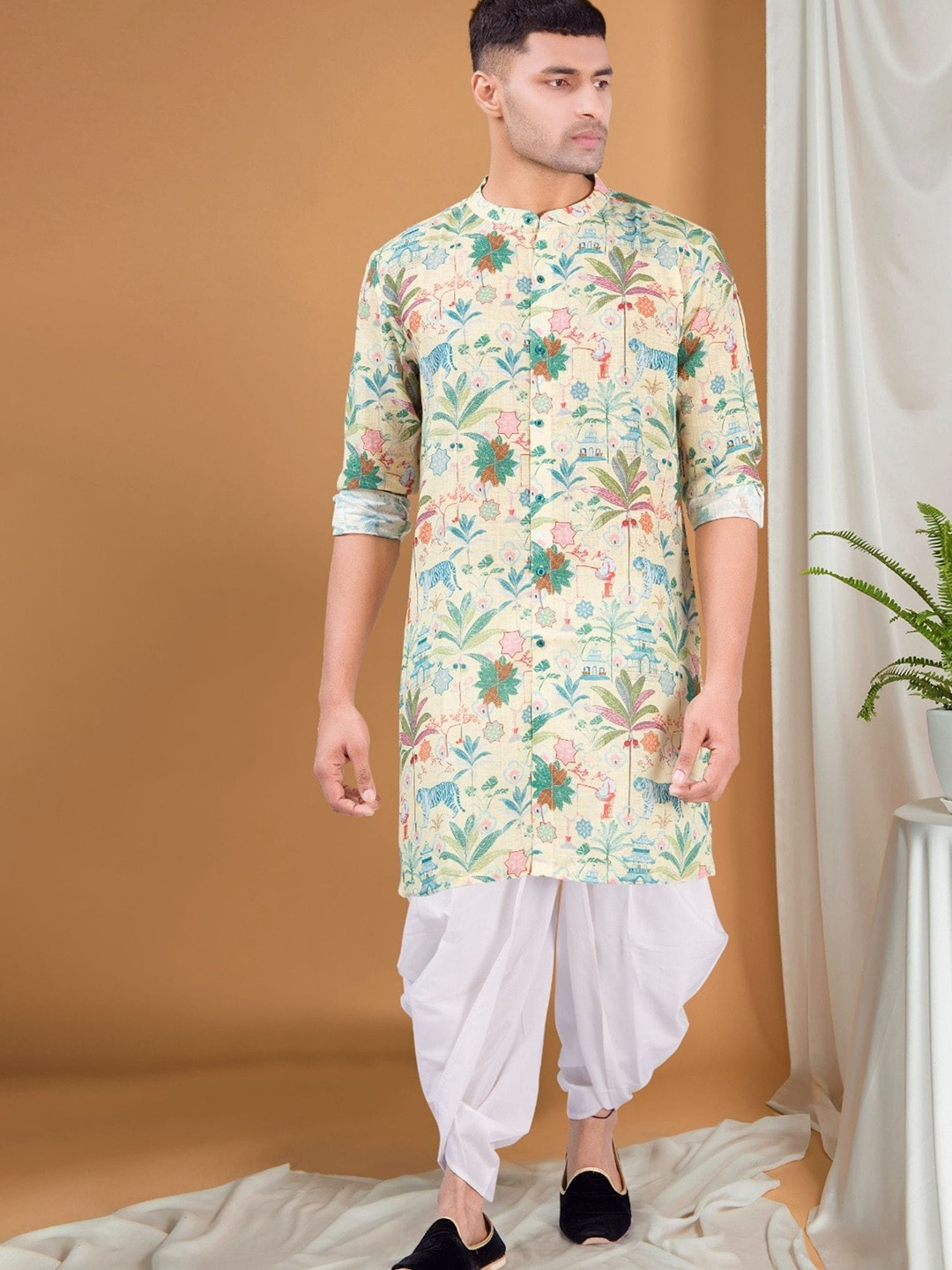 Buy SHIWAM ETHNIX Ethnic Motifs Printed Band Collar Long Sleeve Kurta ...