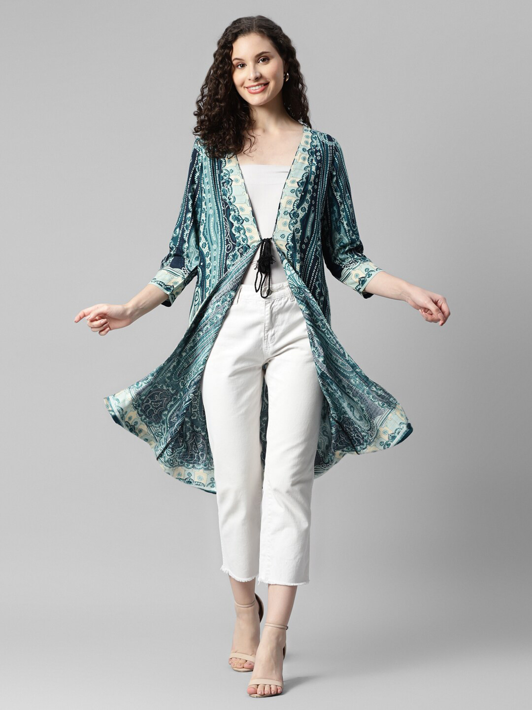 Buy DEEBACO Ethnic Motifs Printed Longline Tie Up Shrug - Shrug for ...