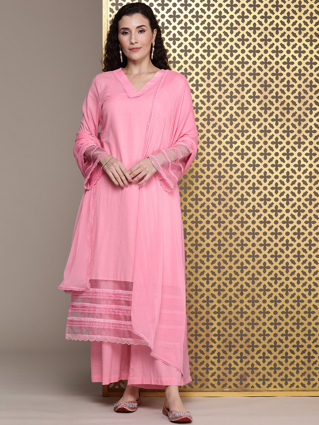 Buy House Of Pataudi Women Jashn Pure Cotton Kurta With Palazzos & Dupatta - Kurta Sets for ...