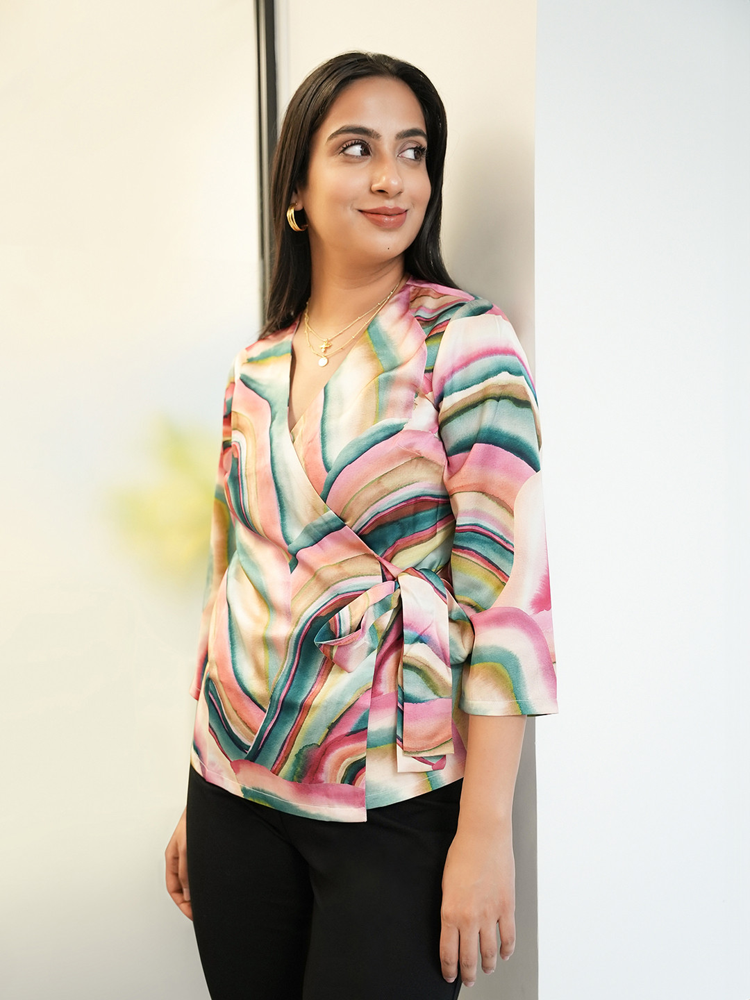 Buy FableStreet Abstract Marble Printed V Neck Satin Wrap Pink Top ...