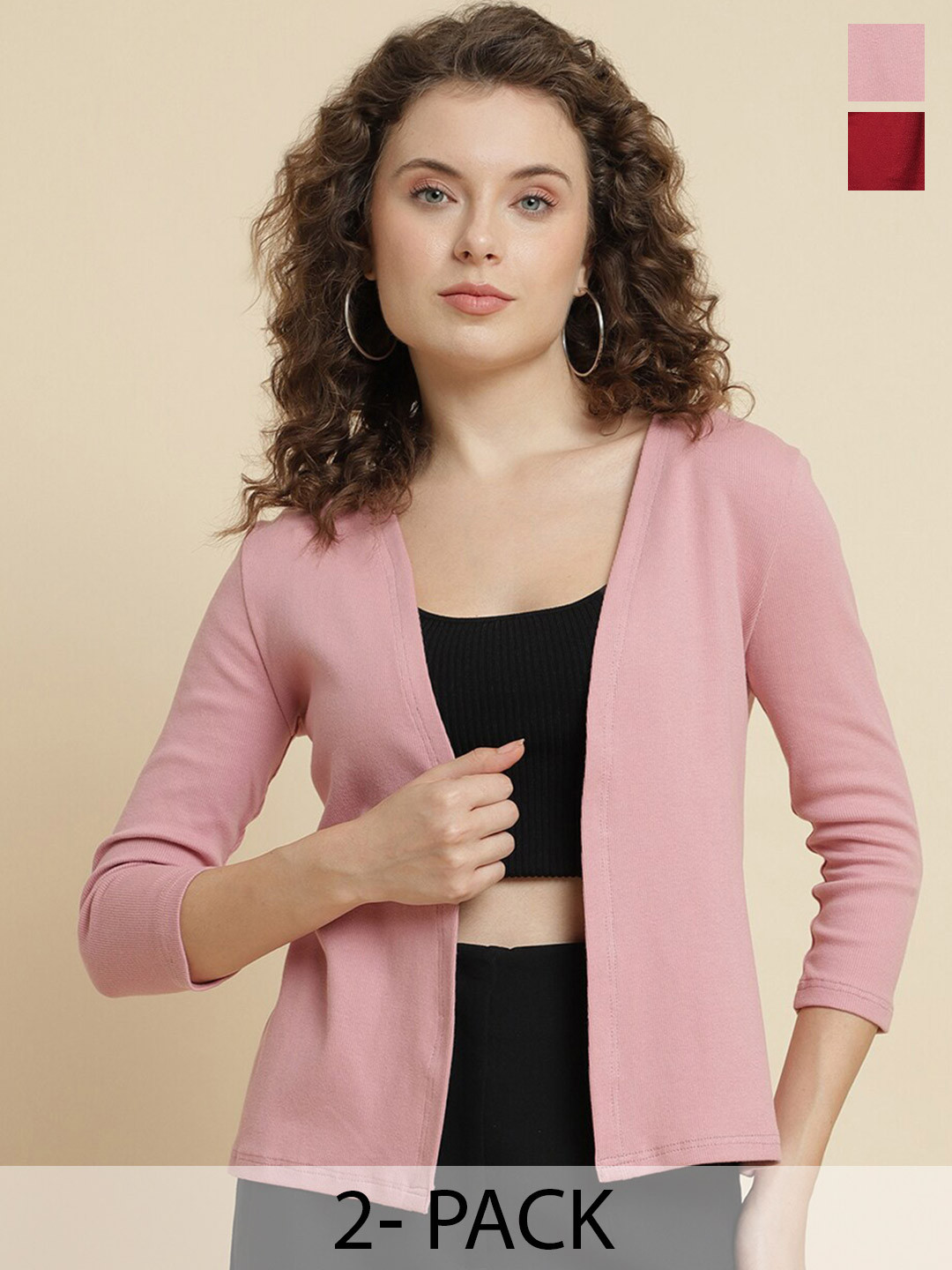 Buy UnaOne Pack Of 2 Three Quarter Sleeves Cotton Open Front Shrug ...