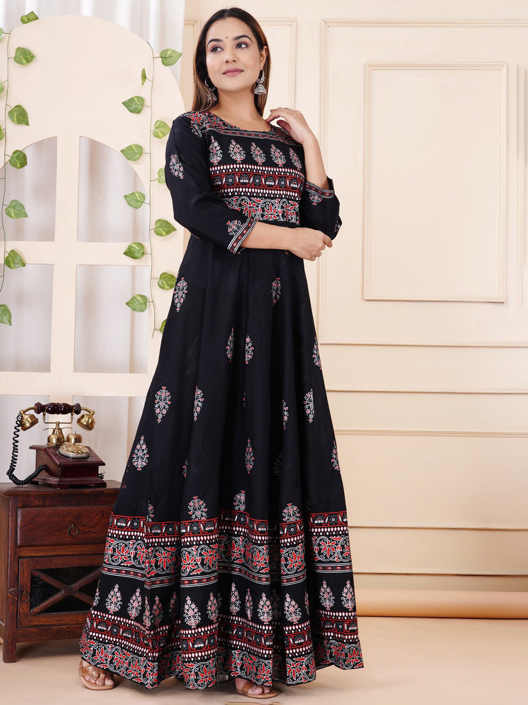 Buy KALINI Floral Printed Round Neck Gathered Liva Fit & Flare Maxi ...