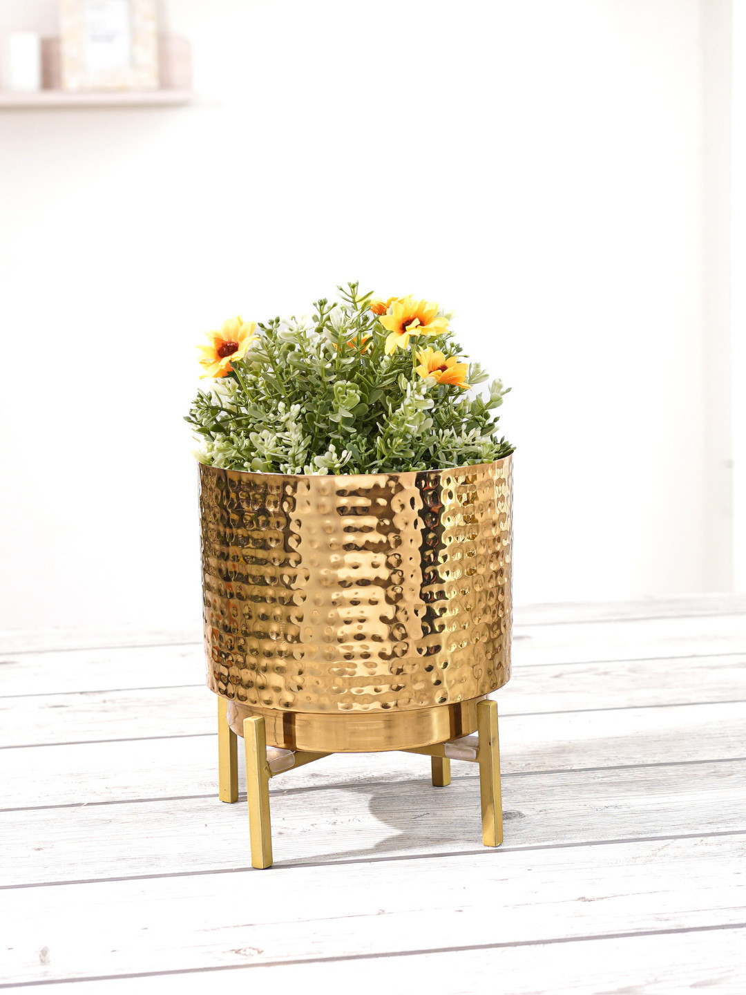 Buy BEHOMA Gold Toned Small Hammered Metal Planter With Stand ...