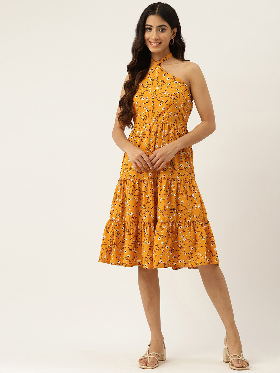 Buy BAESD Floral Print Halter Neck Crepe Tiered Fit And Flare Midi ...