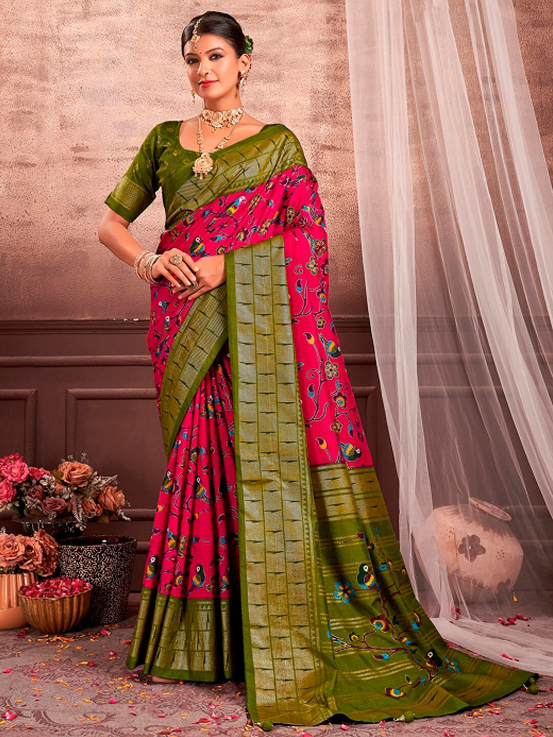 Buy Mitera Pink & Green Ethnic Motifs Printed Zari Banarasi Saree ...