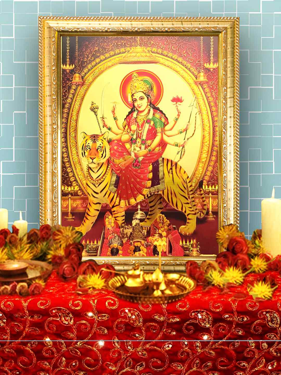 Buy Hawai Gold Toned & Red Maa Sherawali Rectangler Wooden Wall Photo ...