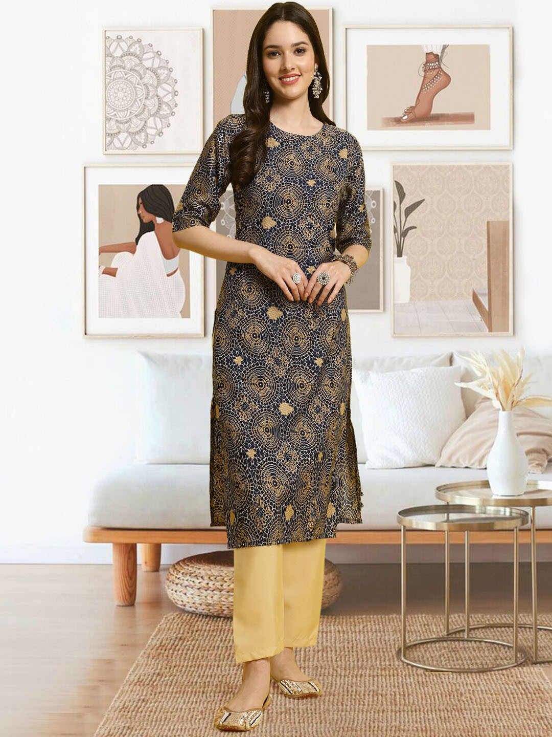 Buy Arangya Ethnic Motifs Printed Straight Kurta With Trouser - Kurta ...