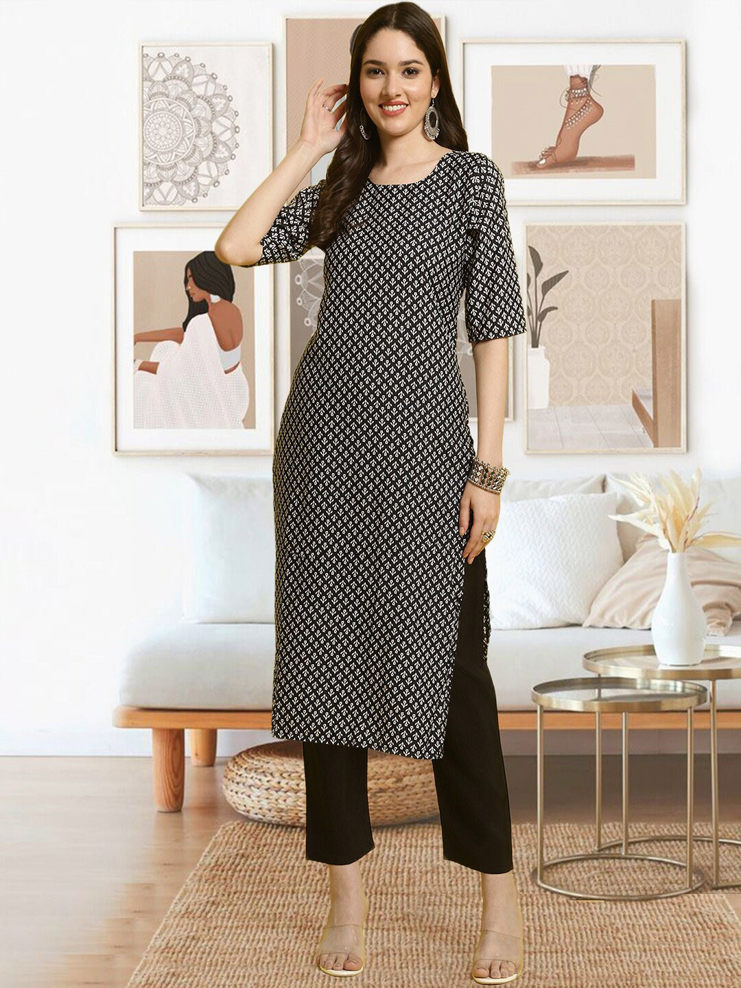 Buy Arangya Ethnic Motifs Printed Straight Kurta With Trouser - Kurta ...