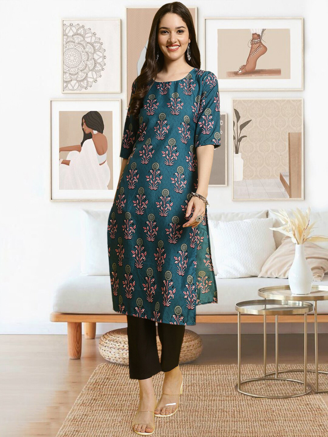 Buy Arangya Ethnic Motifs Printed Straight Kurta With Trouser - Kurta ...