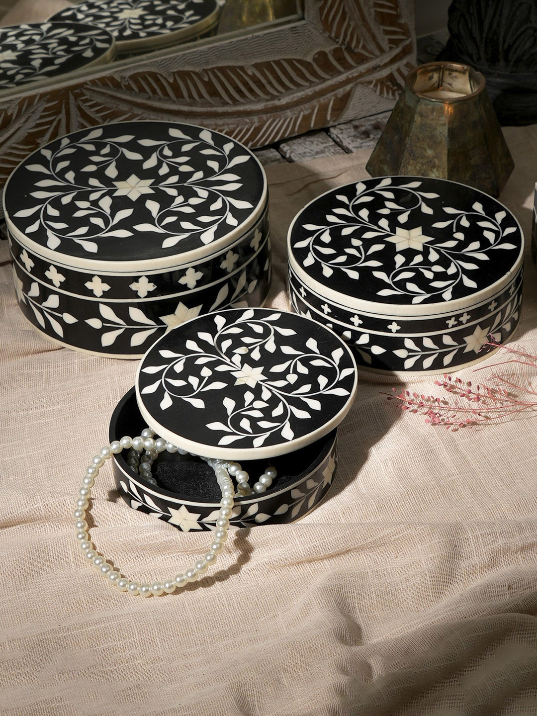 Buy Designer Library Black Floral Large Circular Jewellery Box - Boxes ...