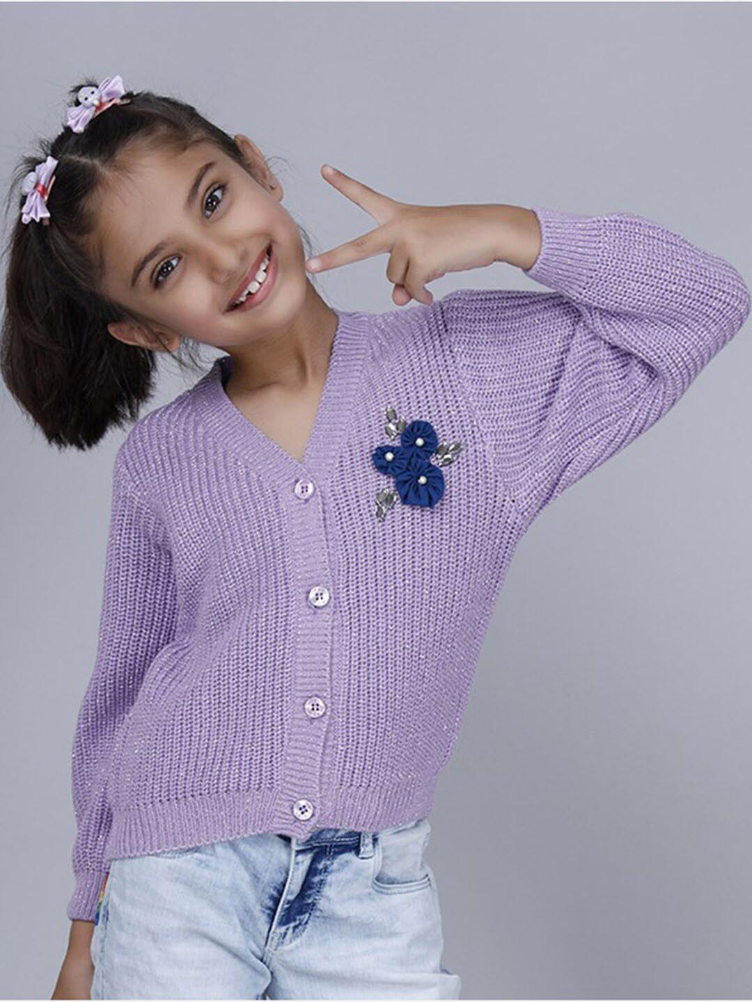 Buy JoE Hazel Girls Cable Knit Self Design V Neck Cardigan Sweater ...