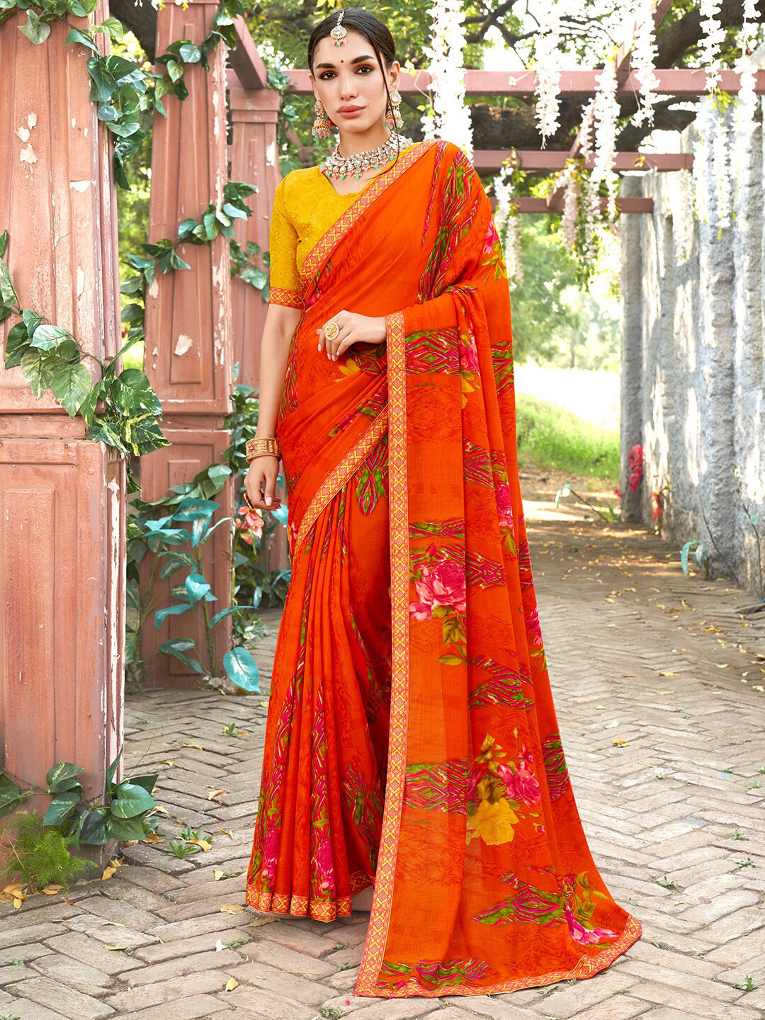 Buy Anouk Rustic Orange Floral Printed Saree - Sarees for Women ...