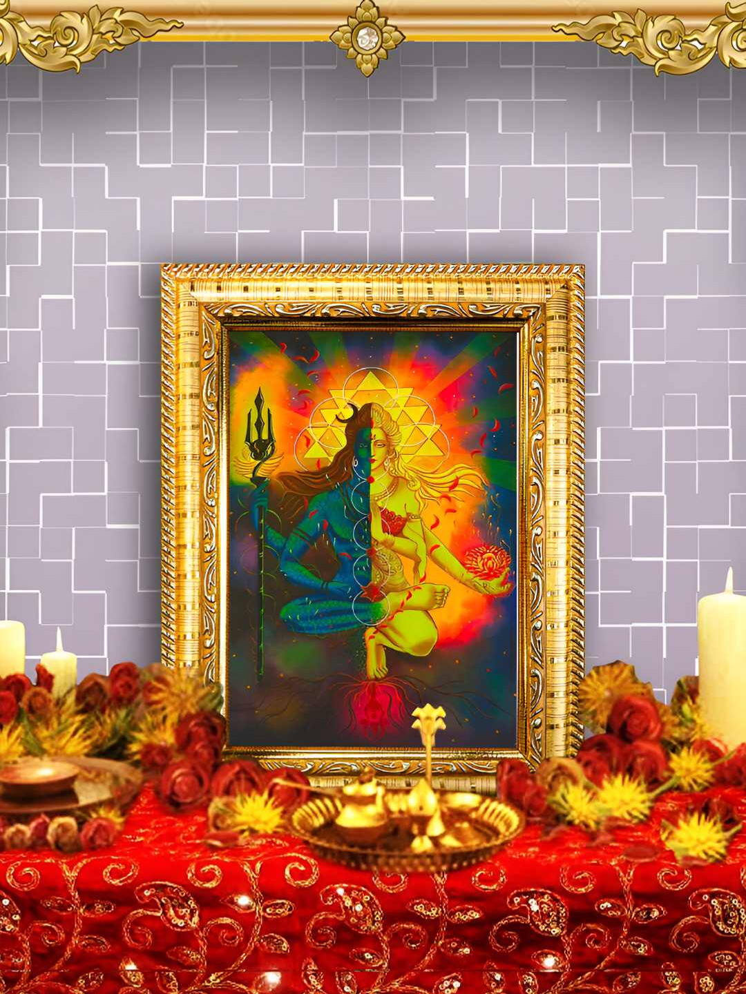 Buy Hawai Gold Toned & Orange Lord Shiva Mata Parvati Wooden Wall Photo ...