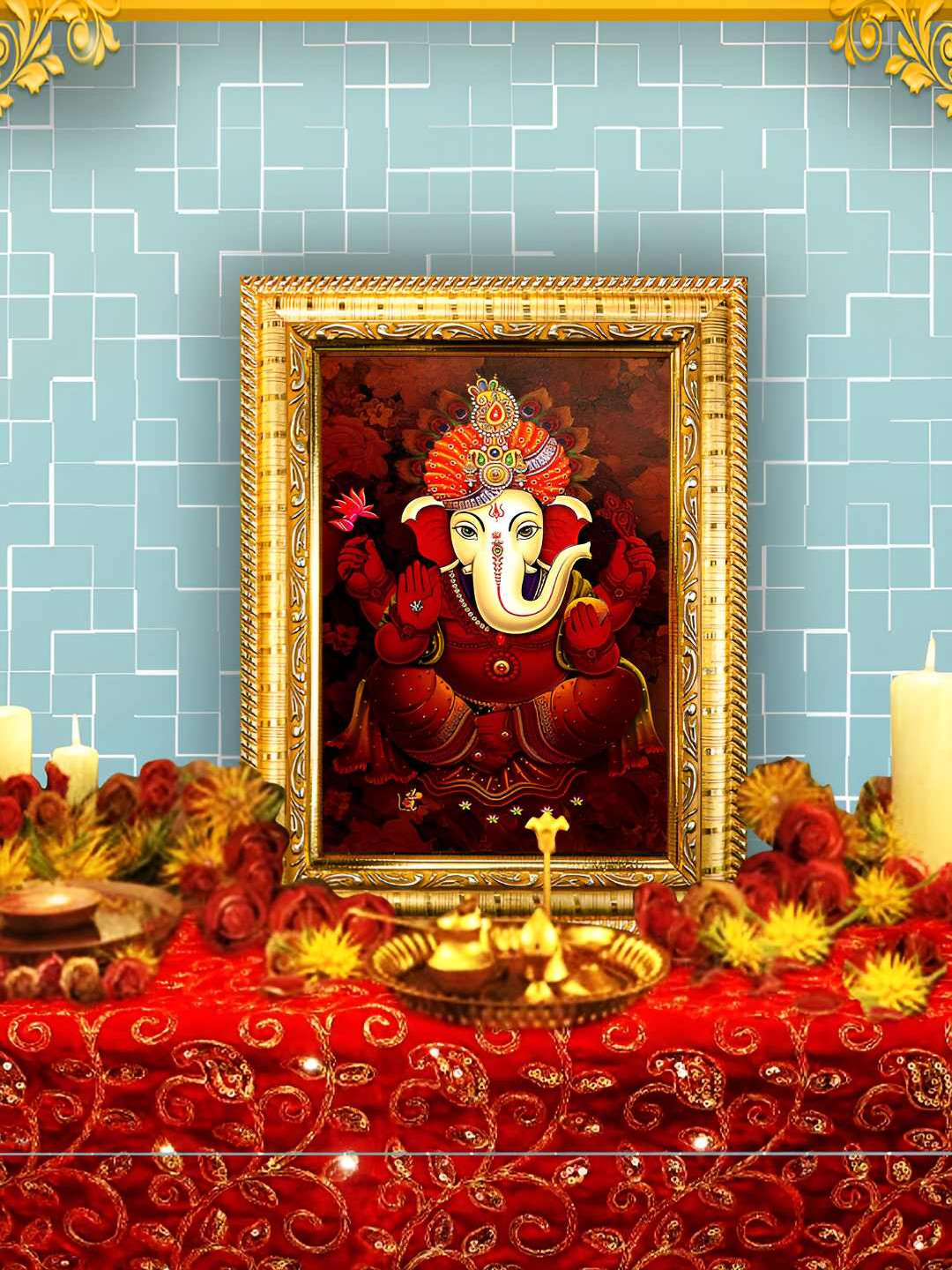 Buy Hawai Gold Toned & Red Lord Ganesh Wooden Wall Photo Frame - Photo ...
