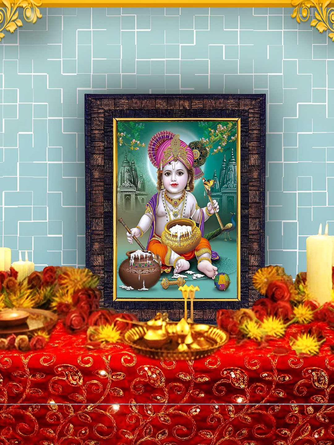 Buy Hawai Black & Green Bal Gopal Krishna Wood Wall Photo Frames ...