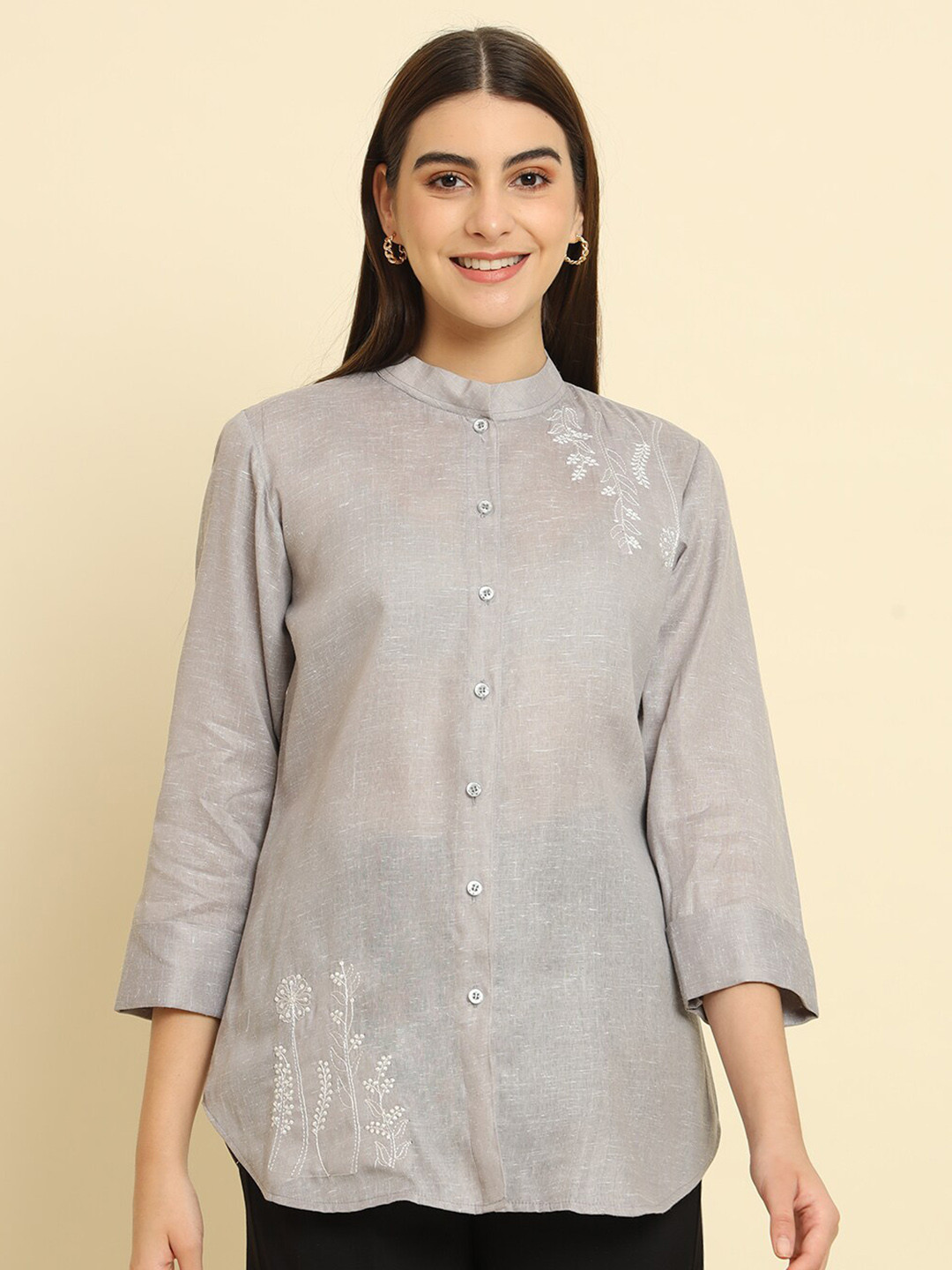 Buy Rudraaksha Creations Floral Embroidered Mandarin Collar Cotton ...