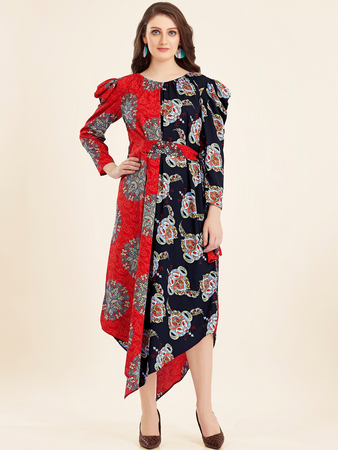 Buy TWAM SUNDARA Floral Printed Puff Sleeve A Line Midi Dress With ...