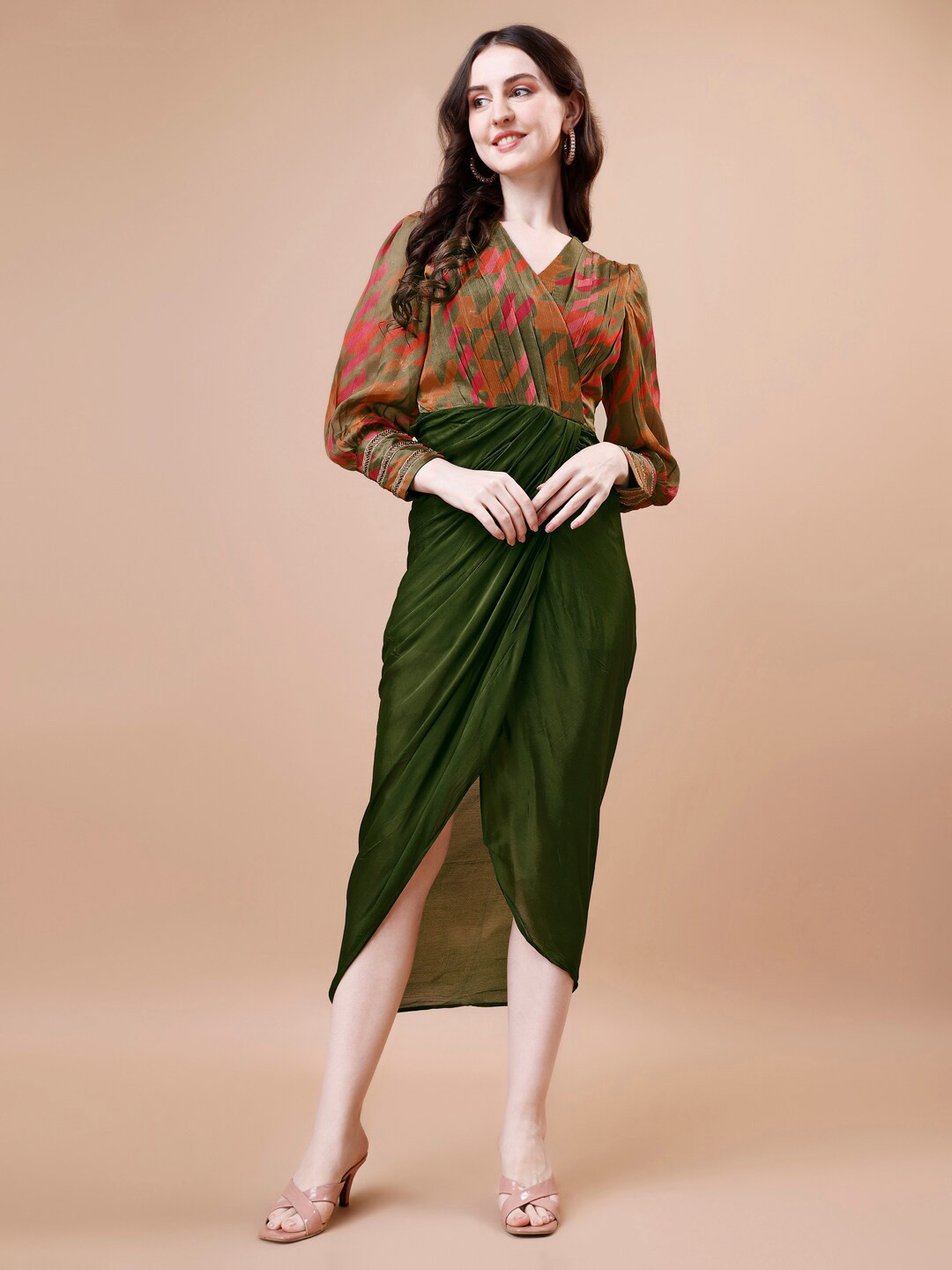 Buy TWAM SUNDARA Geometric Printed Gathered Chiffon Midi Wrap Dress ...