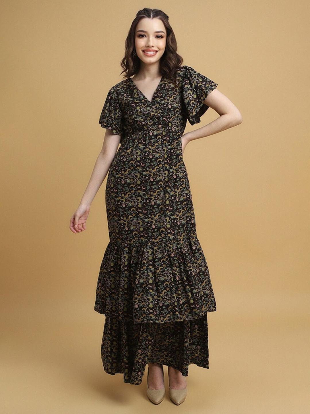 Buy FOREVER 21 Floral Printed Flared Sleeves Layered Maxi Wrap Dress ...