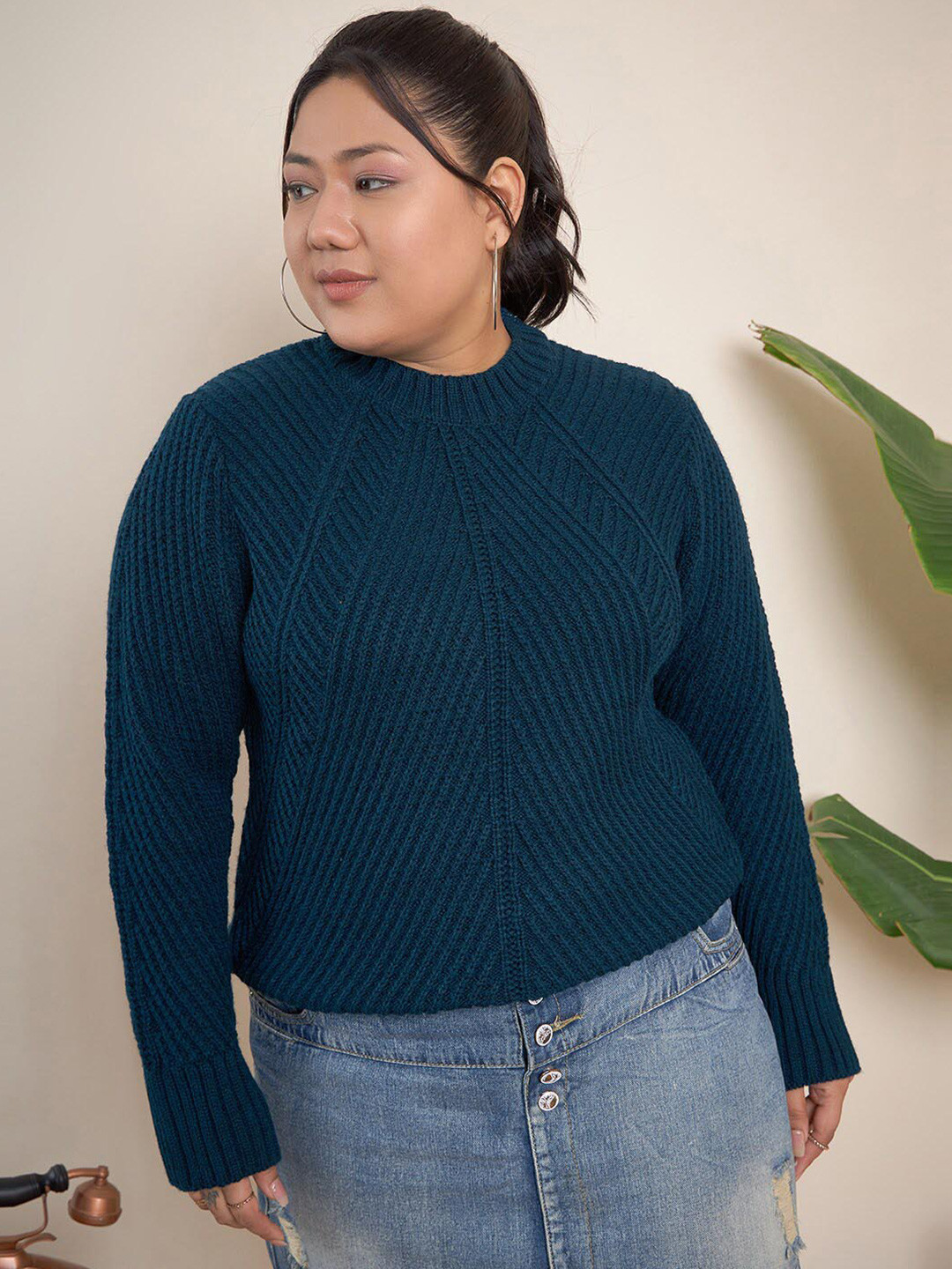 Buy CURVY STREET Plus Size Cable Knit Self Design Acrylic Pullover ...