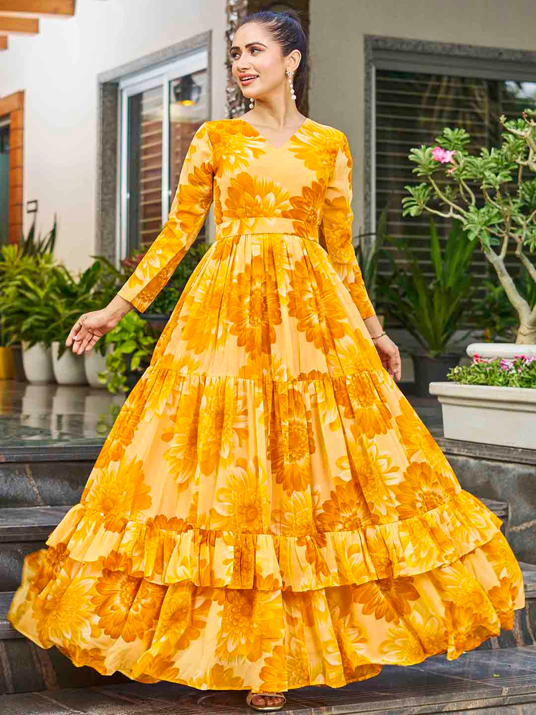 Buy CHANSI Floral Printed Georgette Layered Tiered Belted Maxi Dress ...