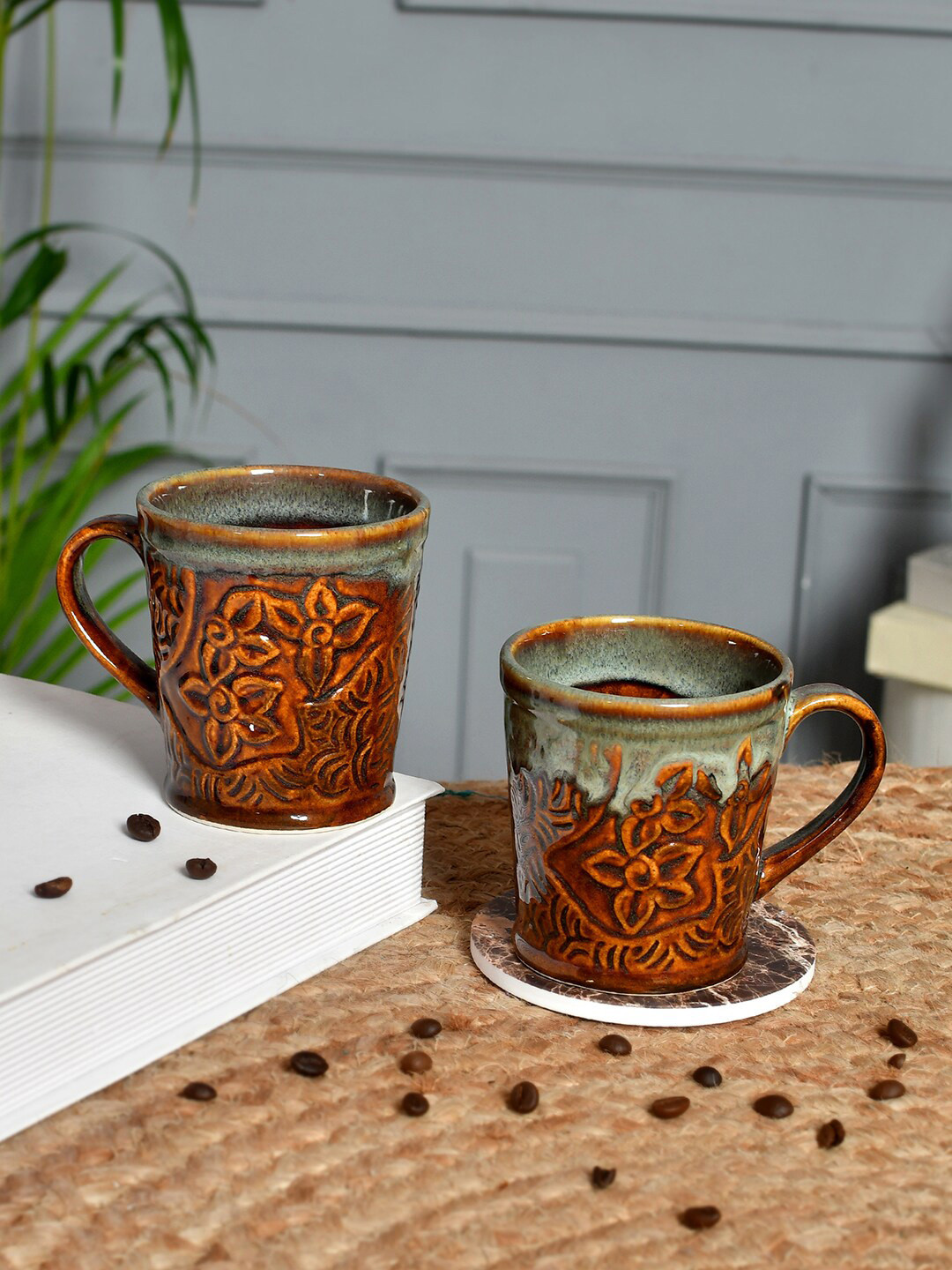 Buy Aapno Rajasthan Brown 2 Pieces Textured Ceramic Glossy Cups And ...
